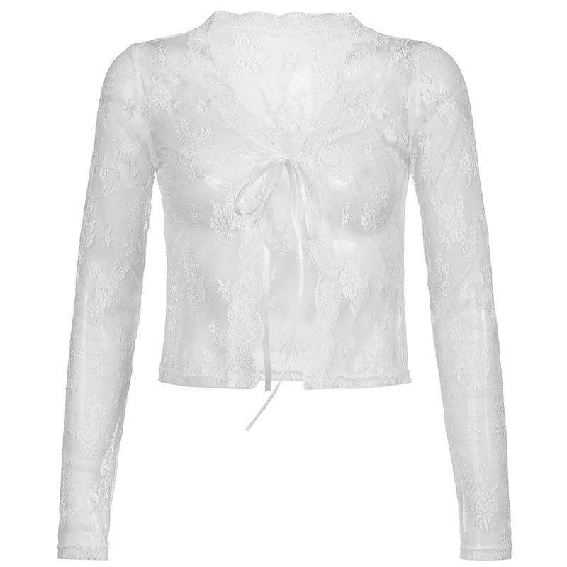 Sheer lace see through long sleeve self tie front top – Suncoy